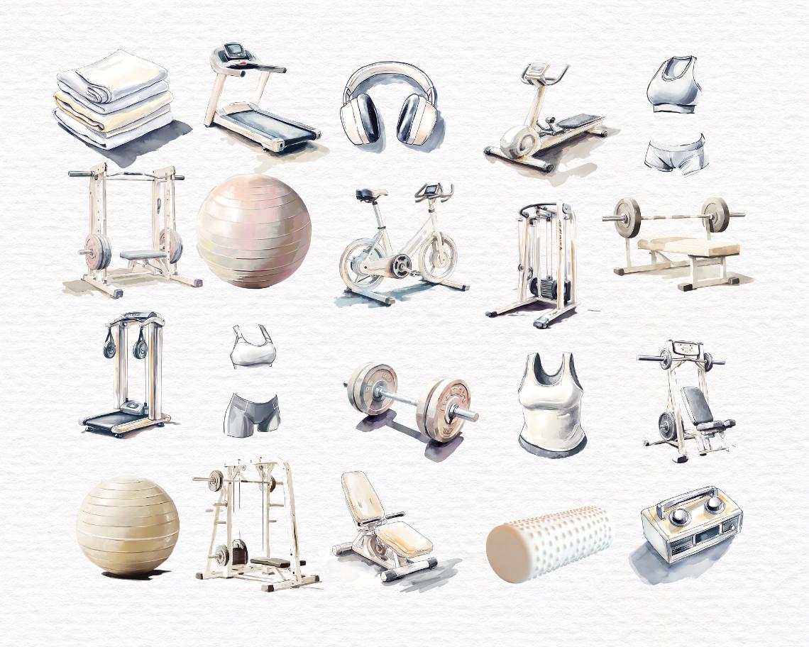 Watercolor Clipart, Gym Fitness, Equipment Gym, Workout Decals, Gym Png ...