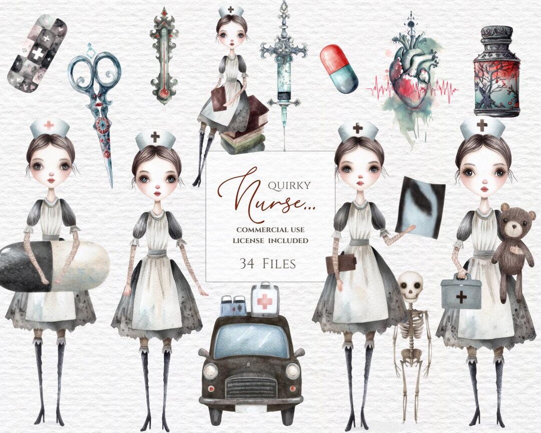 Quirky Nurse Clipart, Whimsical Nurse, Gothic Doll Nurse Junk Journal ...