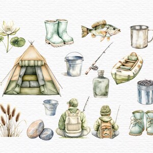 Fishing Tackle Watercolor Clipart, Fishing Clipart, Watercolor Fishing ...