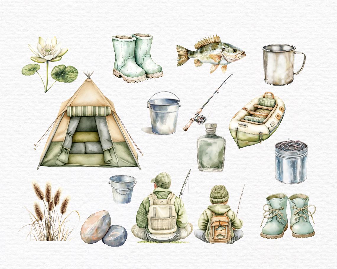 Fishing Tackle Watercolor Clipart, Fishing Clipart, Watercolor Fishing ...