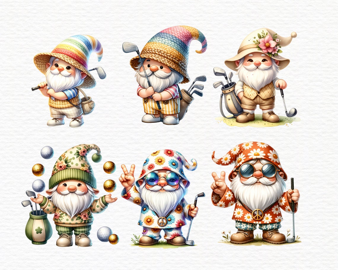 Golfing Gnomes Clipart, Golf Gnomes Clipart, Gnome PNG, Kids Gnome Art ...