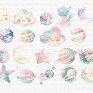 Pastel Watercolor Space. Pngs With Cute Planets and Austranaut Girls ...