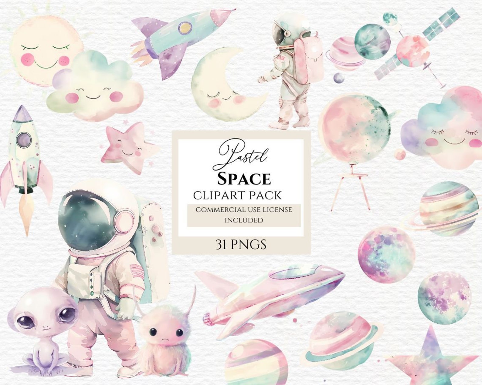 Pastel Watercolor Space. Pngs With Cute Planets and Austranaut Girls ...