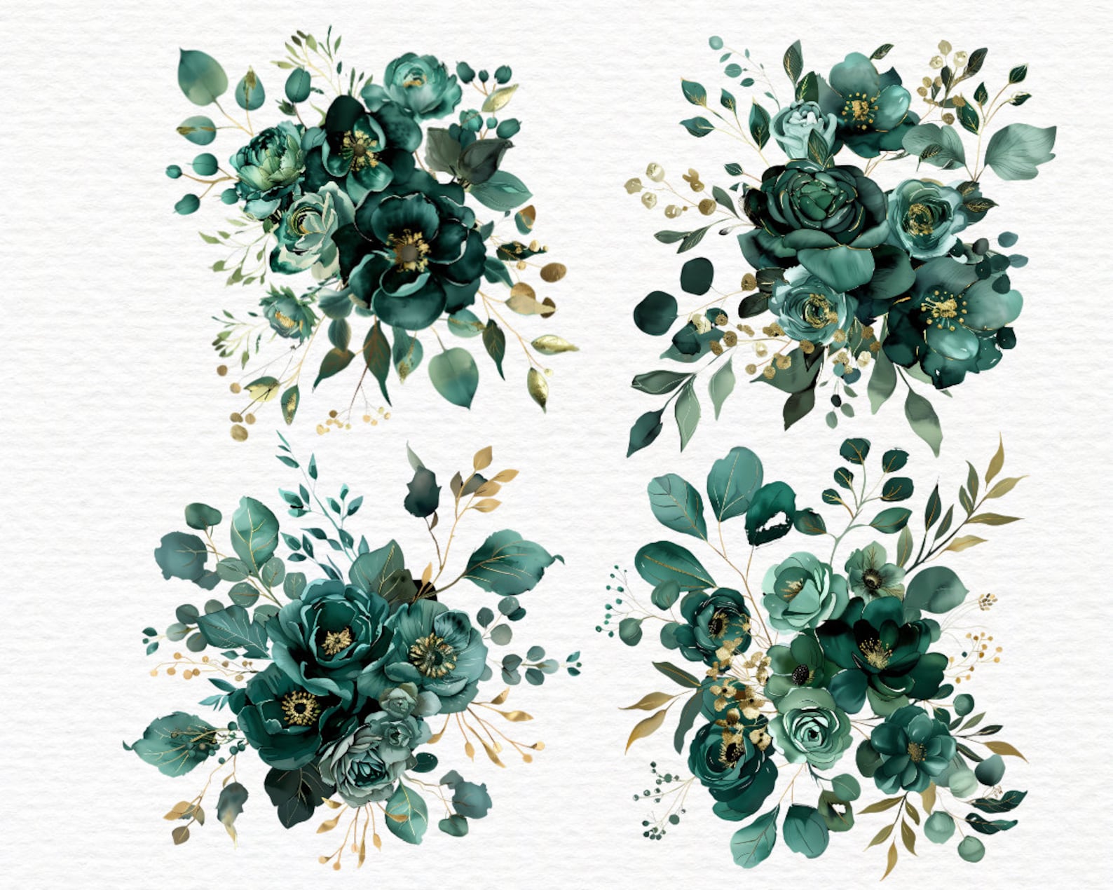 Emerald Green Flowers Clipart, Wedding Clipart, Watercolor Flowers ...