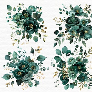Emerald Green Flowers Clipart, Wedding Clipart, Watercolor Flowers ...