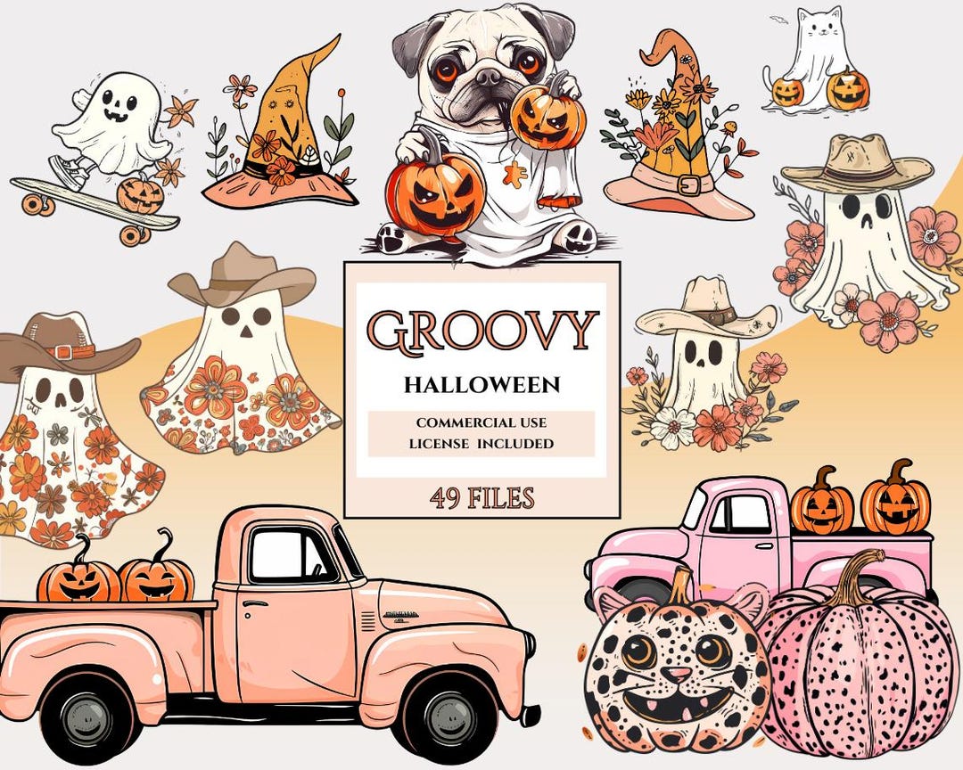 Retro Groovy Halloween Clipart Set, Groovy Clipart Bundle, Commercial ...