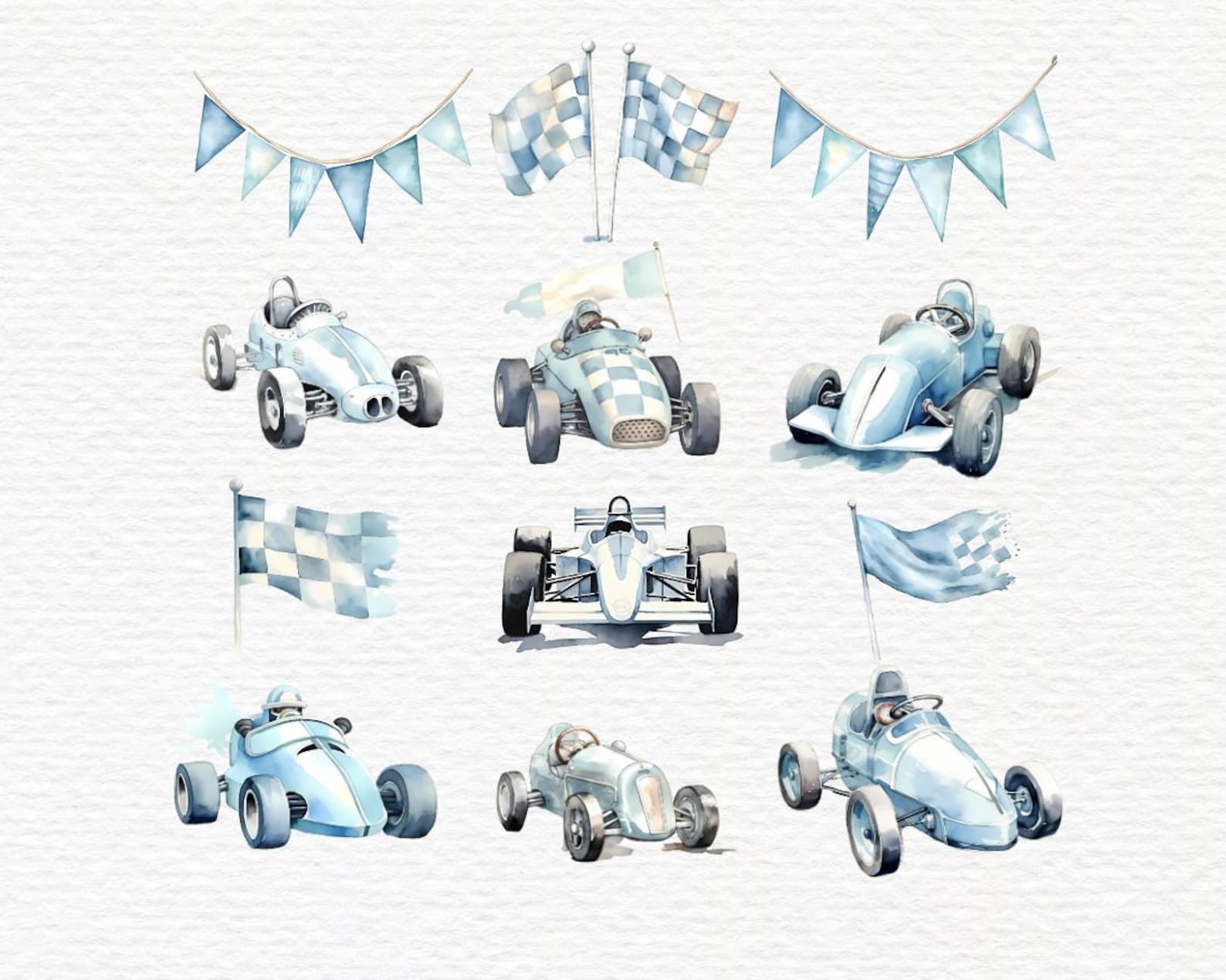 Racecar Birthday Clipart Bundle, Watercolor Clipart, Car Racing Clipart ...