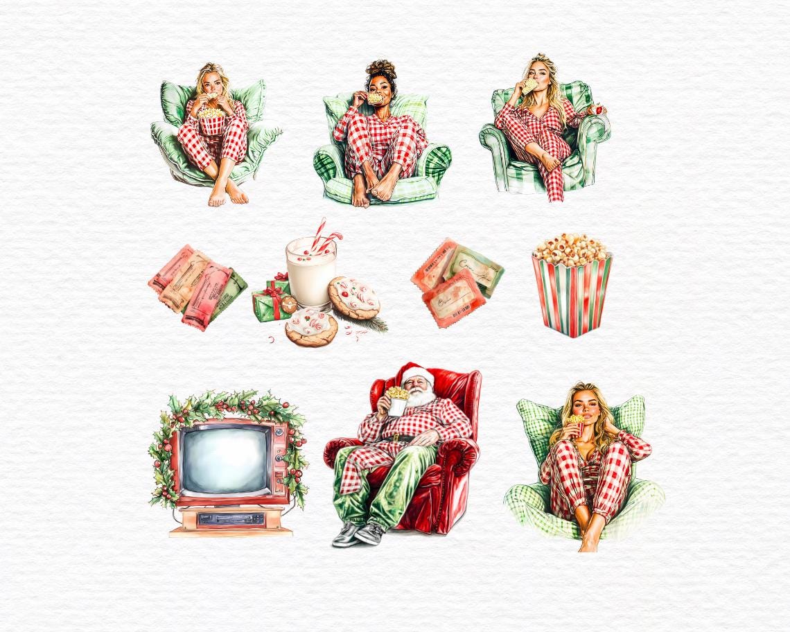 Christmas Movie Night Clipart, Watercolor Clipart, Pajama Night Art ...