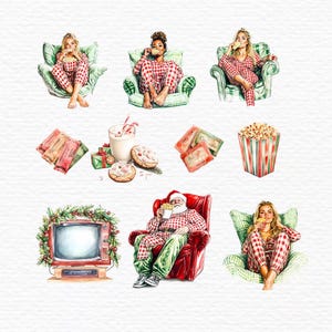 Christmas Movie Night Clipart, Watercolor Clipart, Pajama Night Art ...