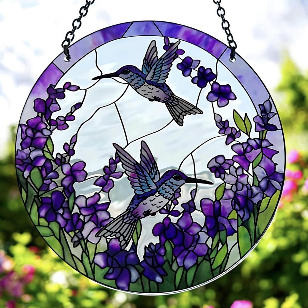 Hummingbirds in Lavender Flowers Glass Suncatcher Suncatcher Window ...