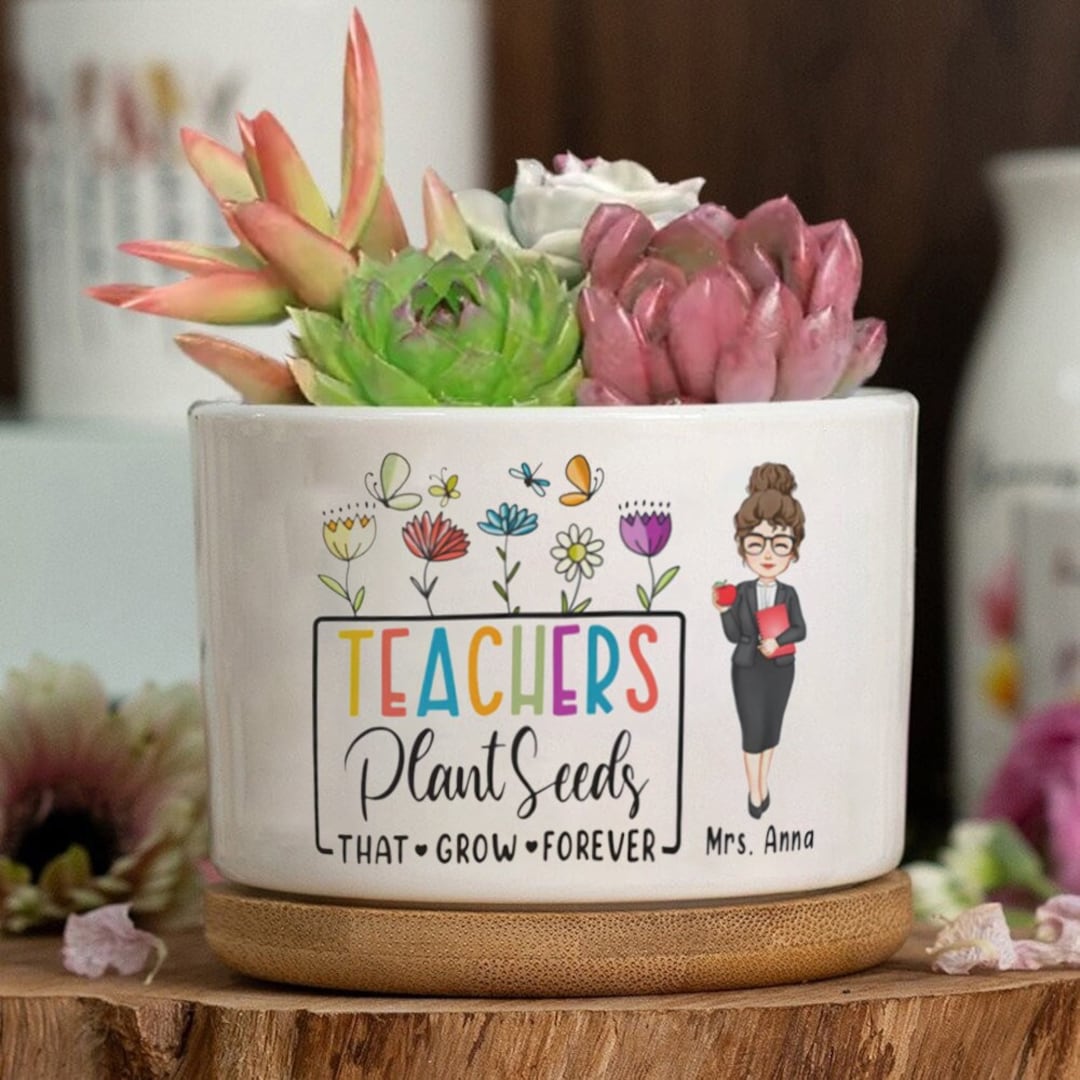 Personalized Teacher Planter Pot, Custom Ceramic Planter With Teacher's ...