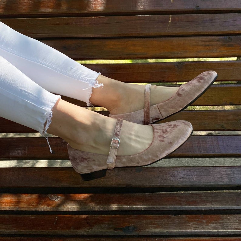 Handmade Pink Velvet Ballet Flats With Gold Buckle Strap, Womens Round ...