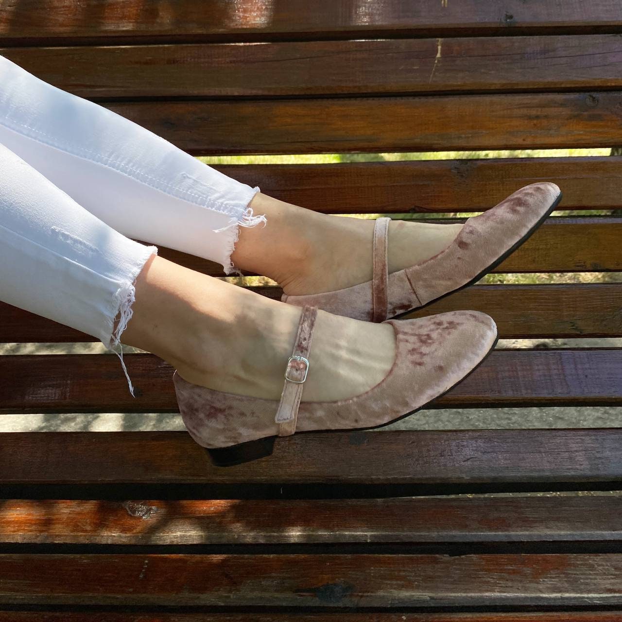 Handmade Pink Velvet Ballet Flats With Gold Buckle Strap, Womens Round ...