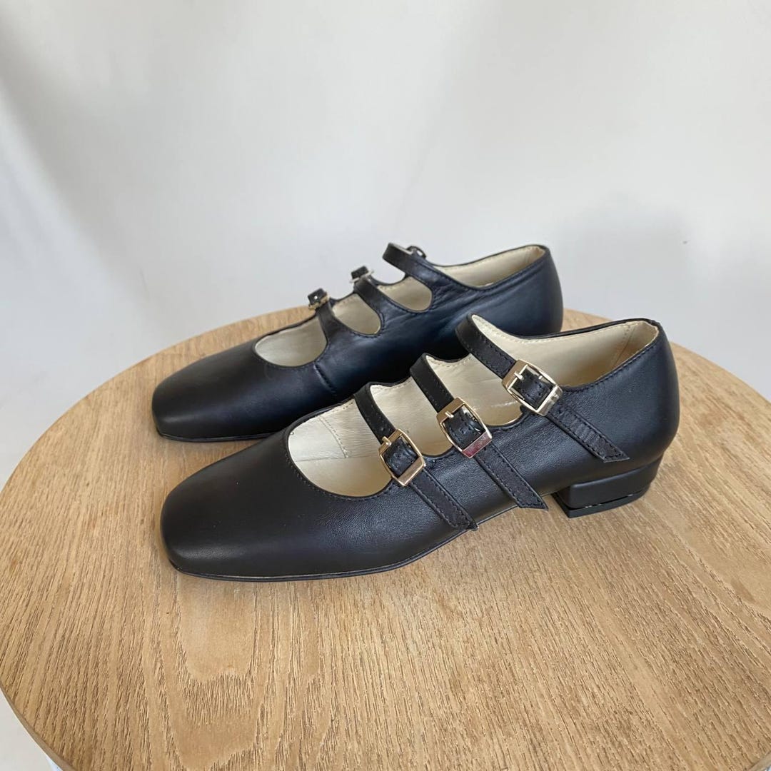 Black Leather Triple-strap Flats – Handmade Square Toe Shoes for Women ...