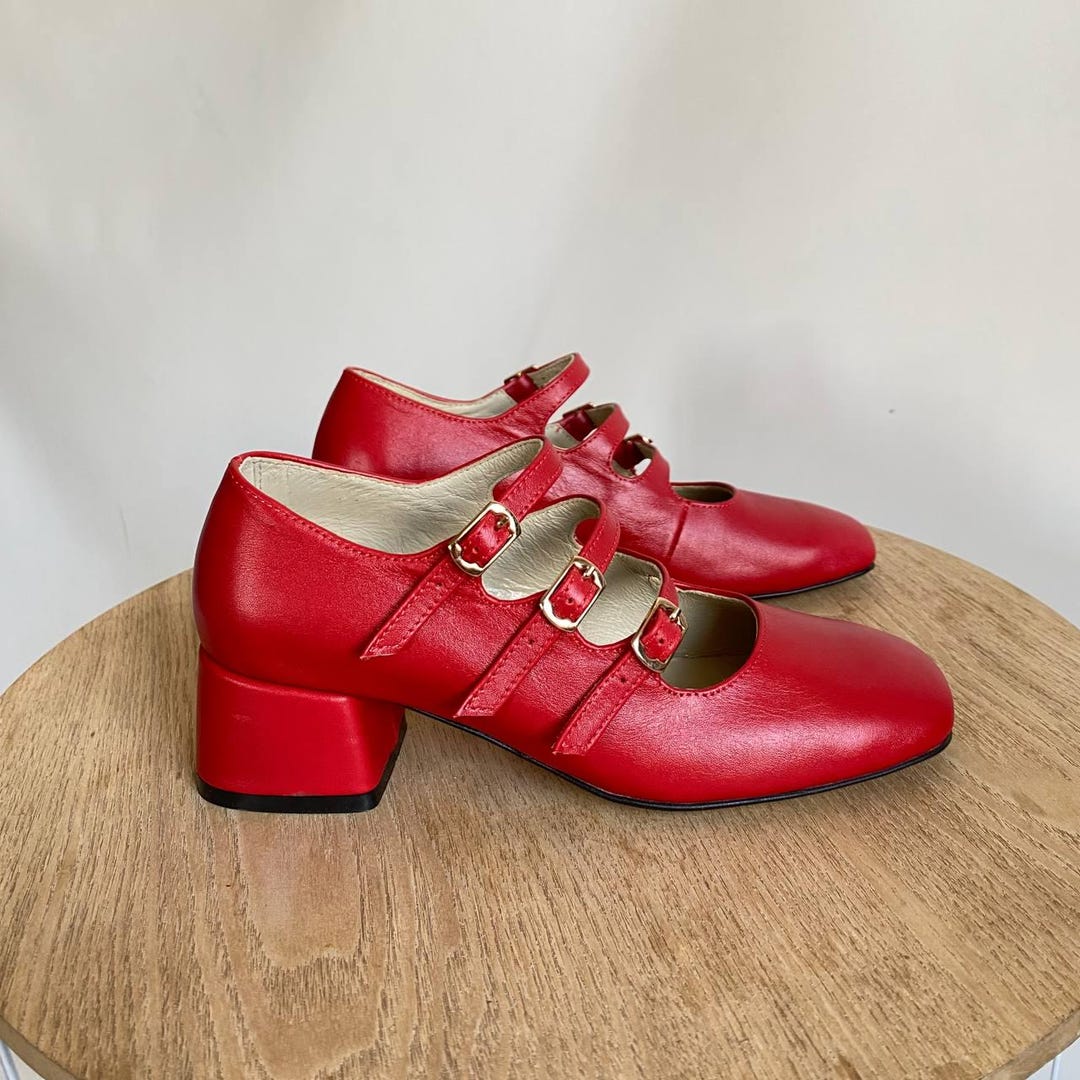 Red Leather Mary Jane Heels – Handmade Triple Strap Block Heel Shoes ...