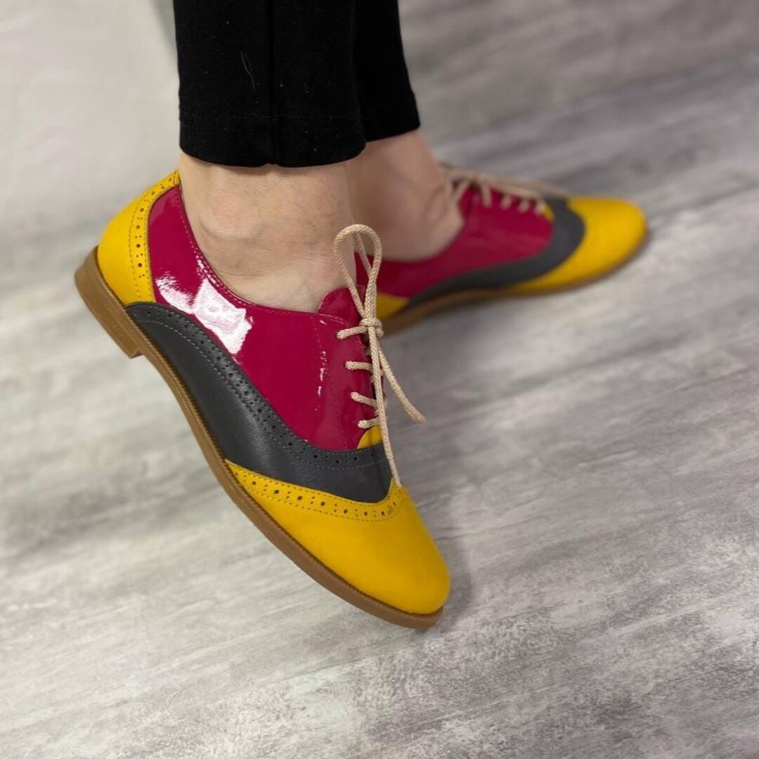 Colorblock Oxford Shoes – Handmade Yellow, Pink & Gray Brogues in ...
