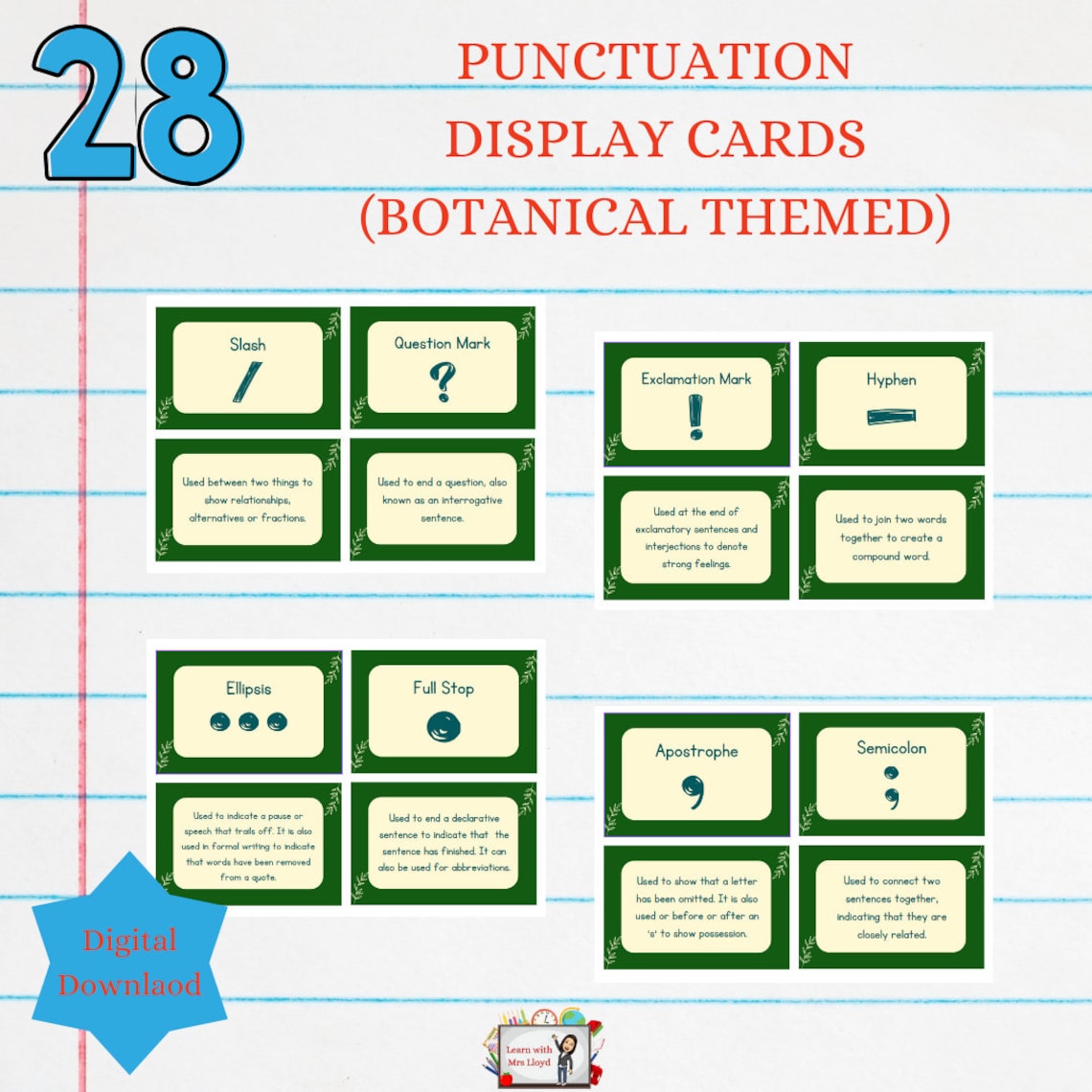 Punctuation Cards Botanical Themed Classroom Display Resources Primary ...
