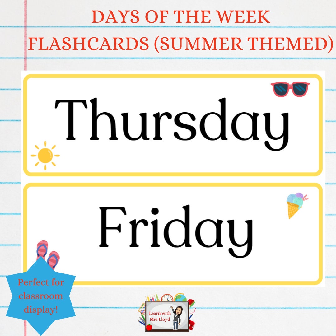 Days of the Week Flashcards Summer Themed Display Cards Classroom Decor ...