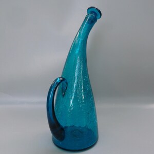 Blenko Glass 948 Bent Neck Decanter,midcentury Blenko Teal Blue Crackle ...