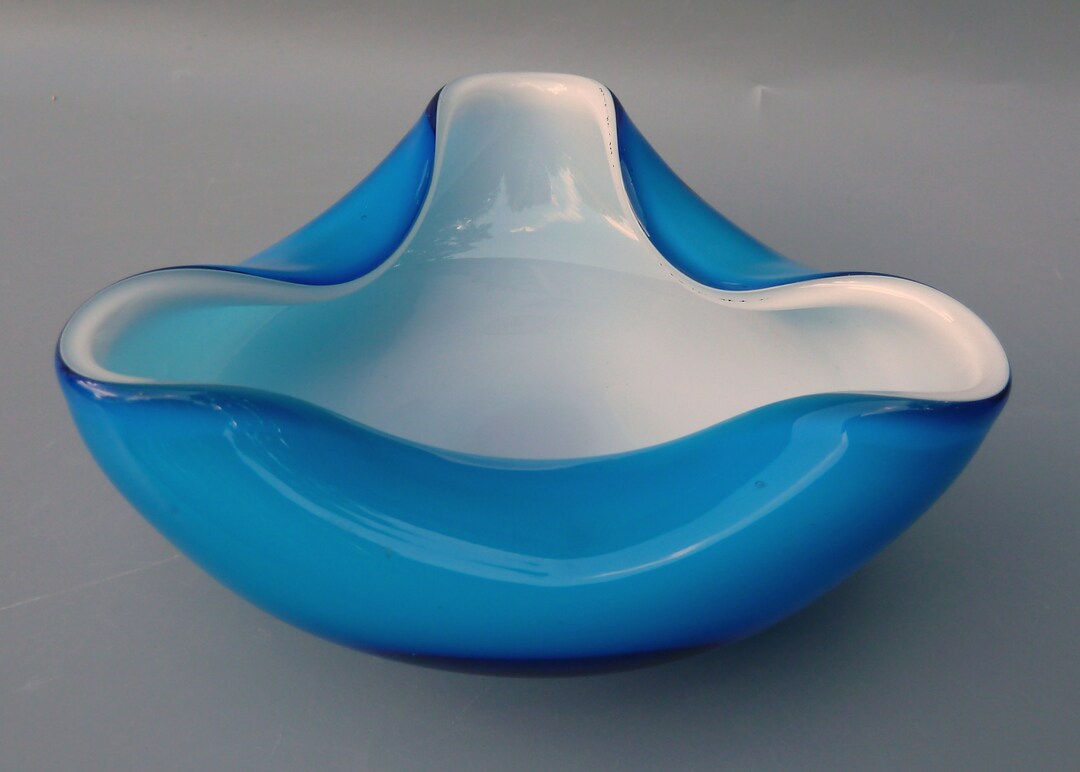Japanese Glass Biomorphic Bowl, Blue Cased Glass Bowl, Murano Style ...