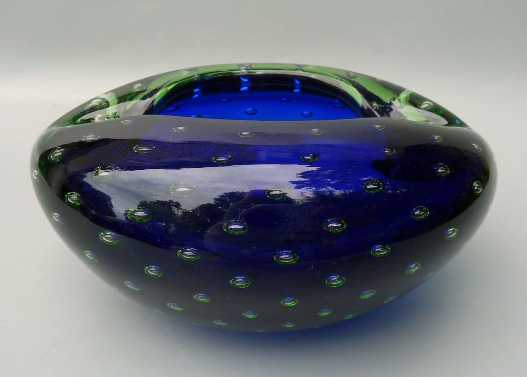 Murano Folded Glass Ashtray,murano Controlled Bubble, Blue & Green ...