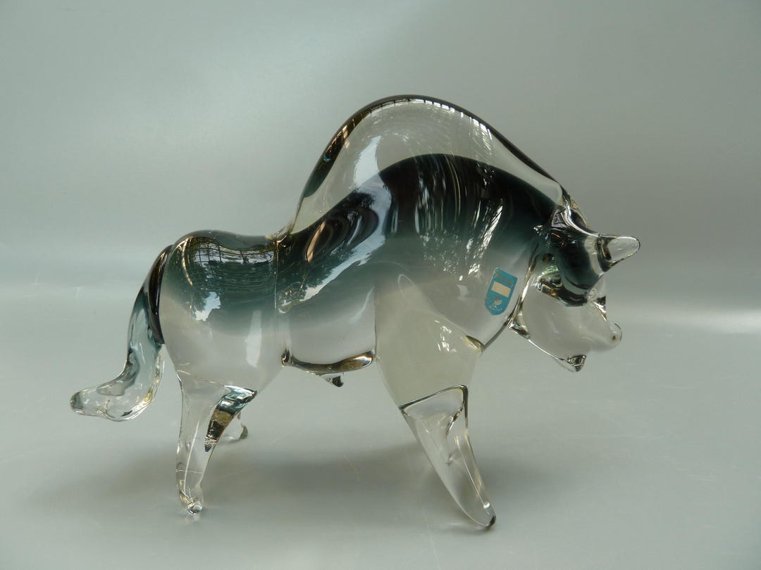 Murano Glass Bull Sculpture With Label, Murano Sommerso Glass Bull ...