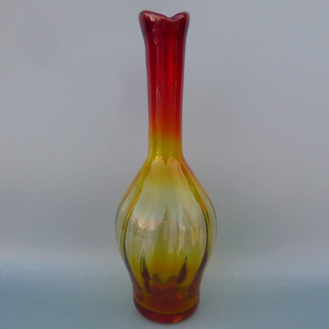 Vintage Blenko Amberina Optic Rib Vase, Midcentury American Blown Glass ...