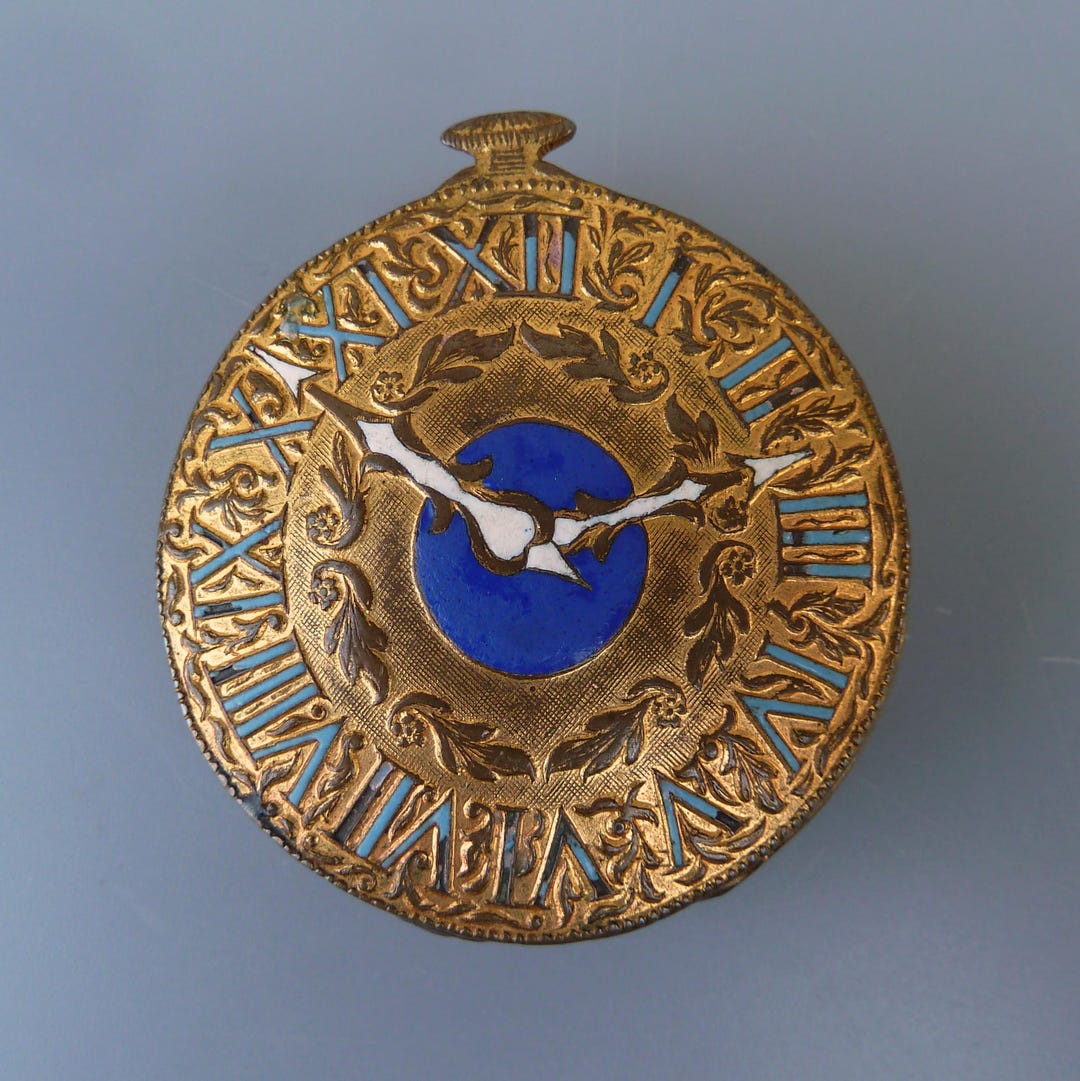 Gold Tone Pocket Watch Pill Box, Hand Painted Brass Snuff Box,french ...