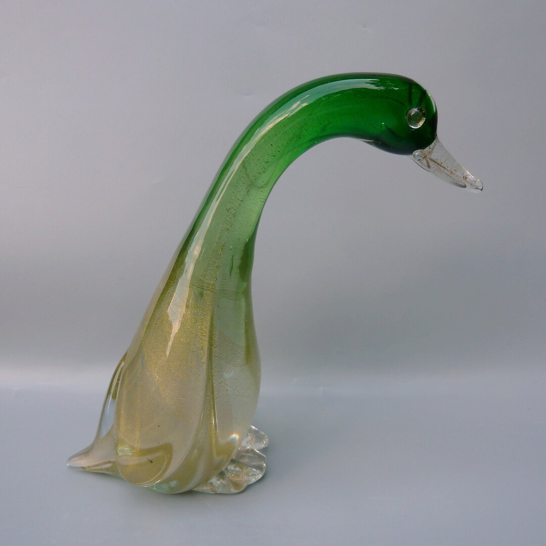 Murano Green and Gold Sfumato Glass Duck Figurine, Barbini Murano Glass ...
