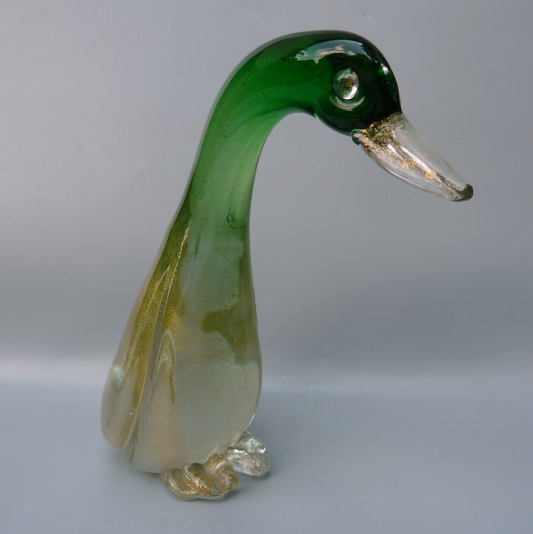 Murano Green and Gold Sfumato Glass Duck Figurine, Barbini Murano Glass ...