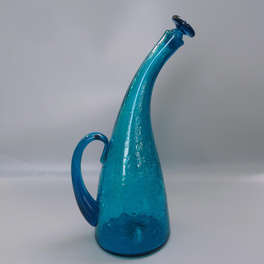 Blenko Glass 948 Bent Neck Decanter,midcentury Blenko Teal Blue Crackle ...