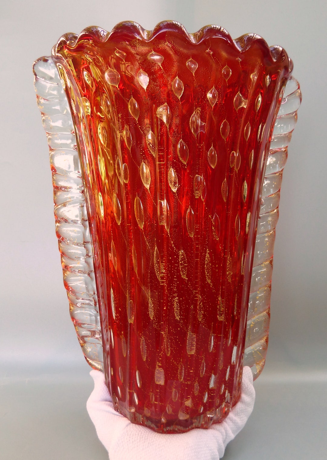 Murano Style Controlled Bubble Vase, Heavy Red Murano Bullicante Vase ...