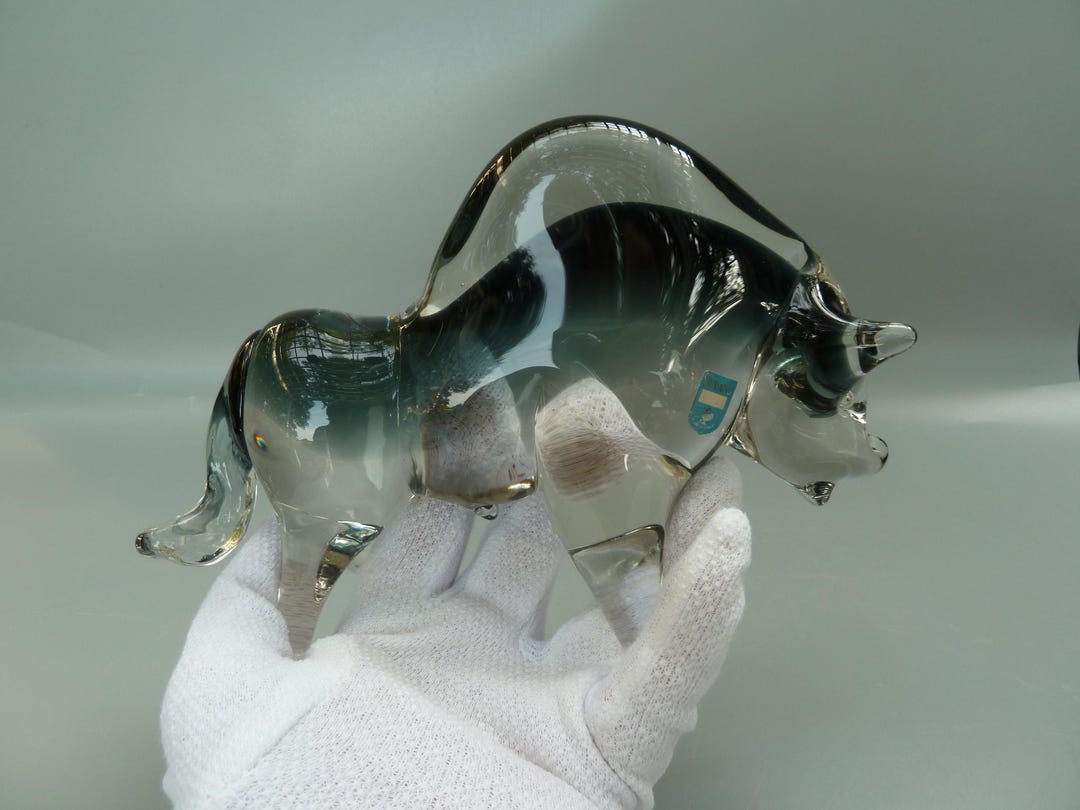 Murano Glass Bull Sculpture With Label, Murano Sommerso Glass Bull ...