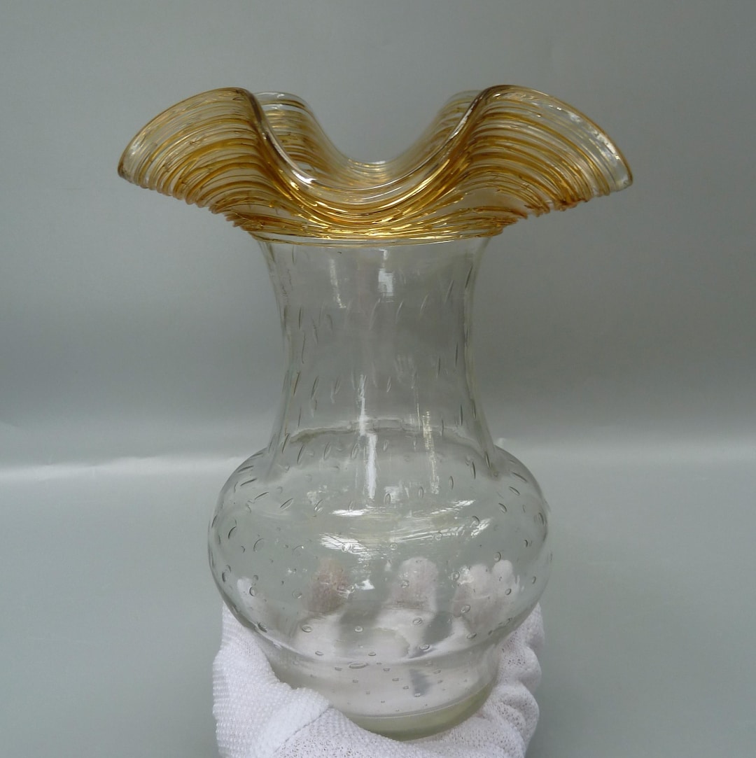 Frederick Carder Era Gold Reeded Top Vase, HC Fry Applied Thread Ruffle ...