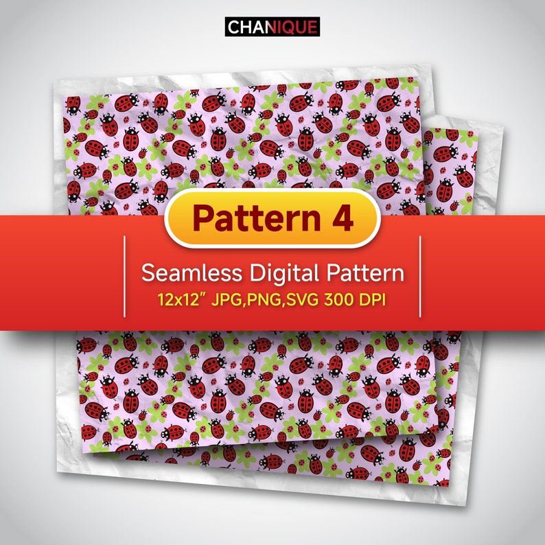 Cute Ladybug Seamless Pattern - 5 JPG, PNG, SVG - Instant Download - 300dpi - 12x12 Inches ...