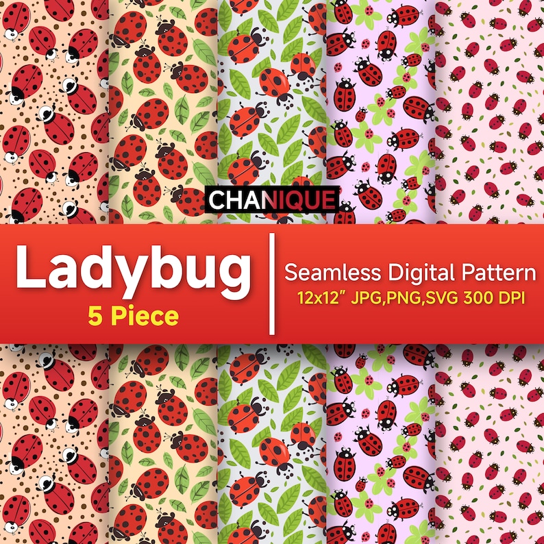 Cute Ladybug Seamless Pattern - 5 JPG, PNG, SVG - Instant Download - 300dpi - 12x12 Inches ...