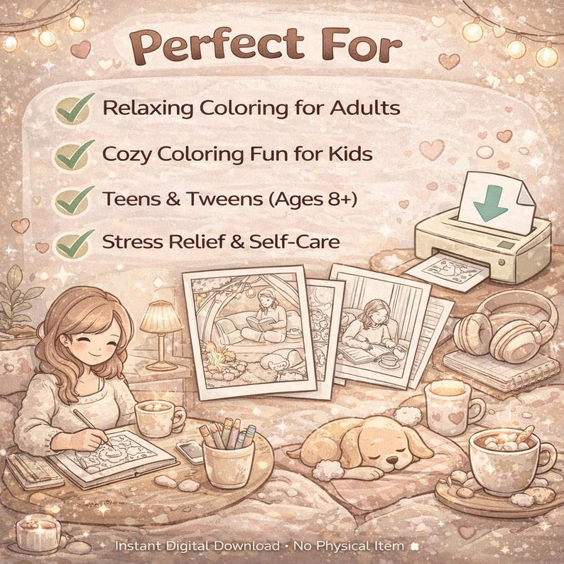 80 Cozy Girl Moments Coloring Pages Printable PDF | Aesthetic Cozy ...