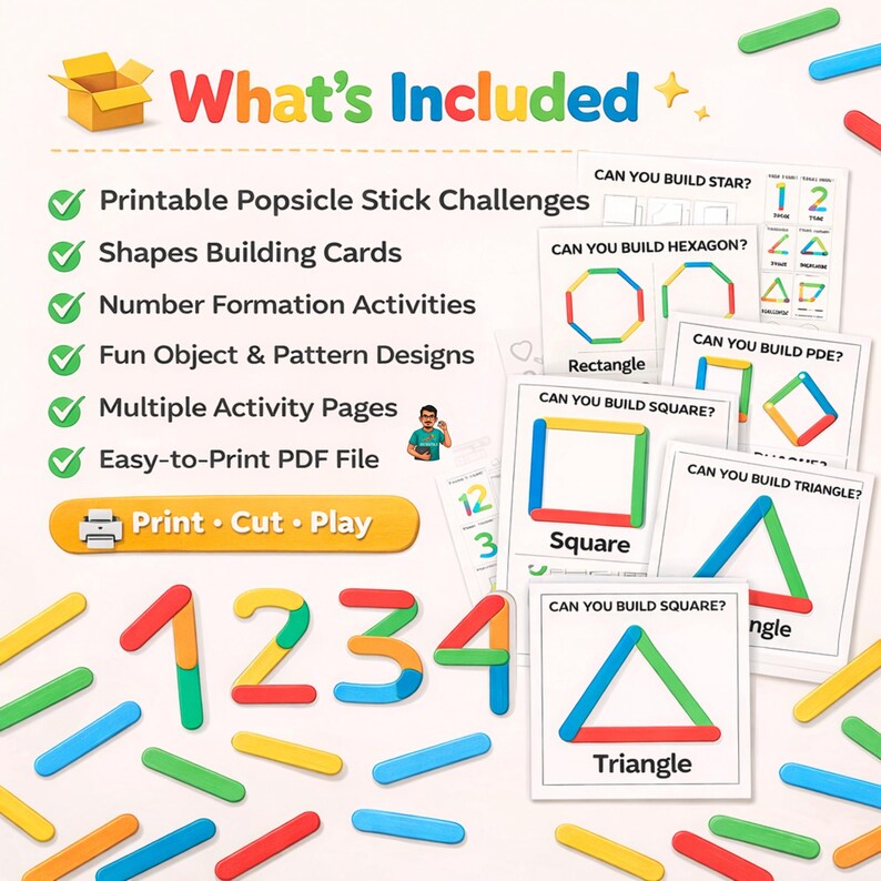 Popsicle Sticks Activity Game | Shapes & Numbers Building Cards | Hands ...
