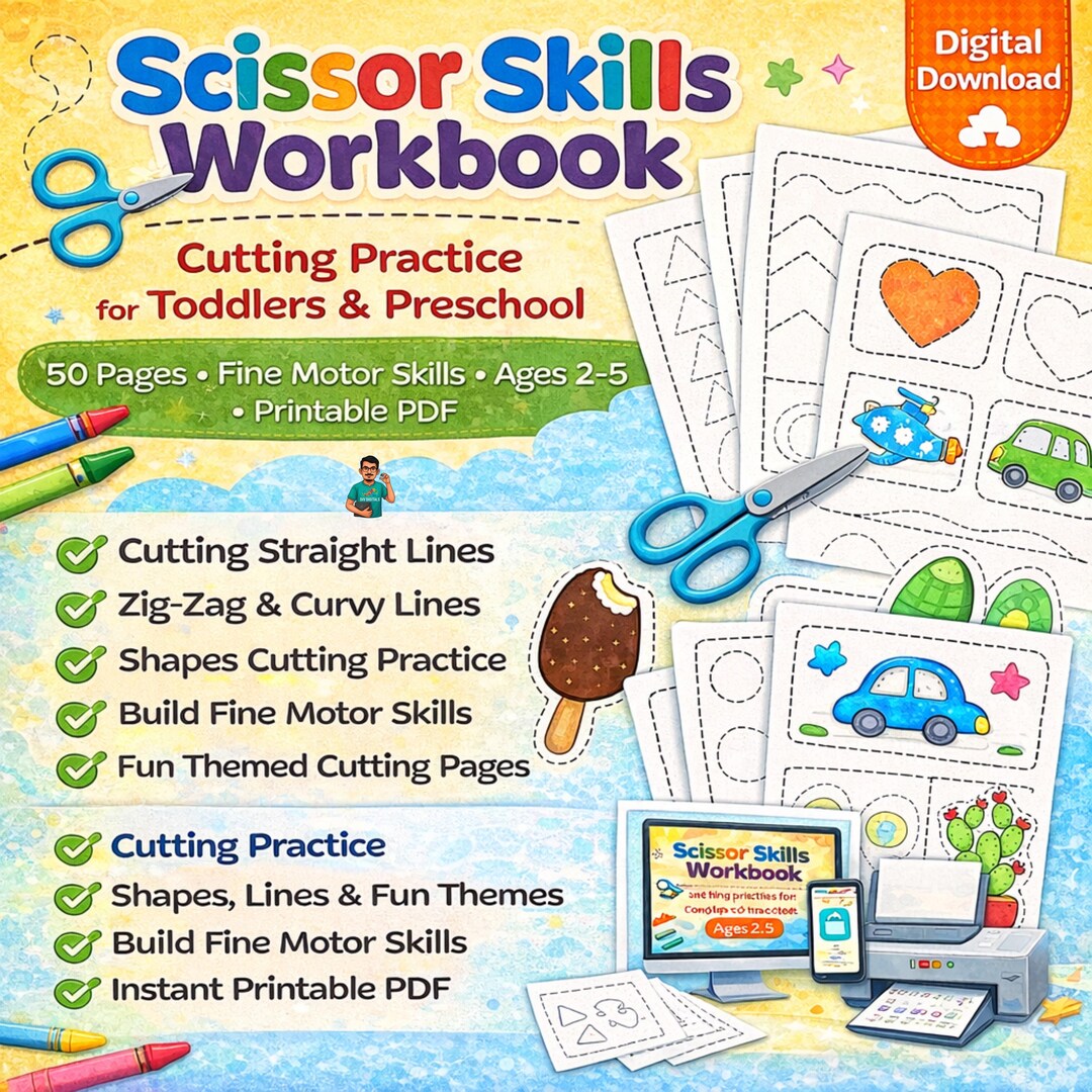 Scissor Skills Workbook | 50 Pages Cutting Practice | Preschool Fine ...