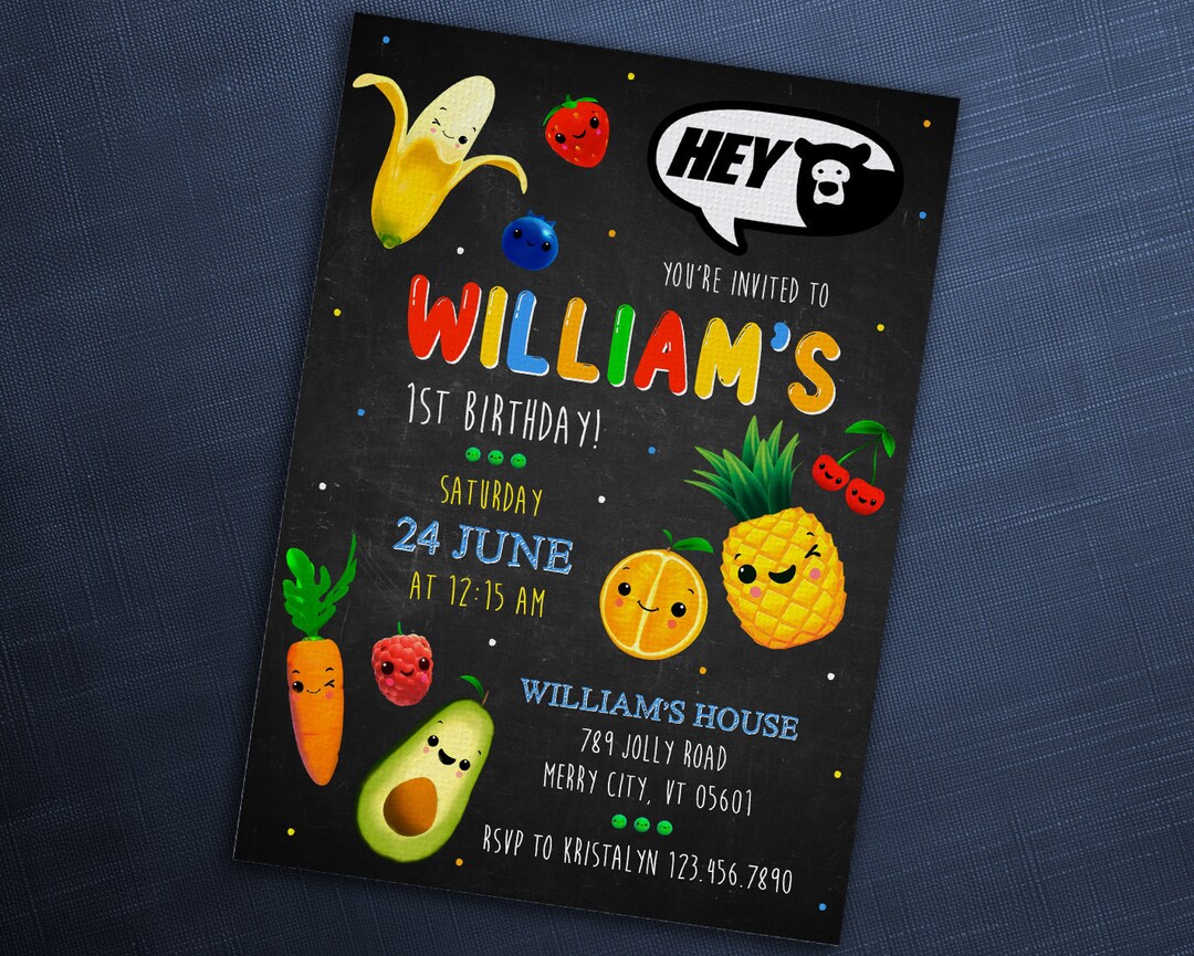 Dancing Fruits Birthday Invitation, Printable Hey Invite, Kawaii Party ...