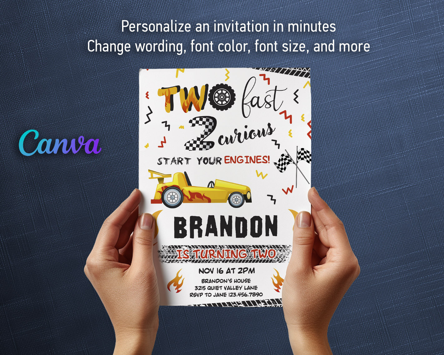 Printable TWO Fast Birthday Invitation, Watercolor Race Car Birthday ...