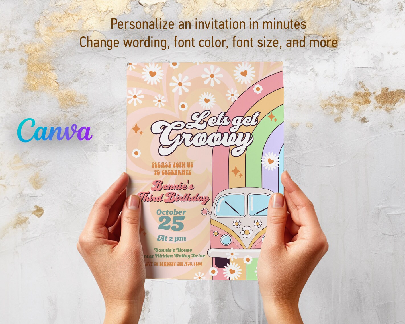 Printable Editable Groovy Invitation, Groovy Hippie Van 1st 2nd 3rd ...