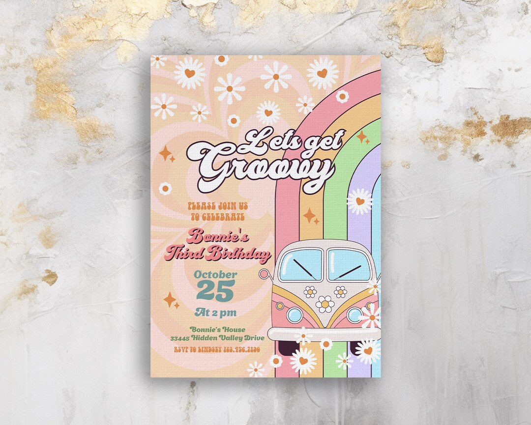 Printable Editable Groovy Invitation, Groovy Hippie Van 1st 2nd 3rd ...