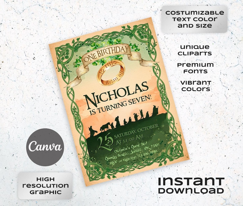 Lord of the Ring Birthday Invitation, Printable Shir Invite, Hobbit ...