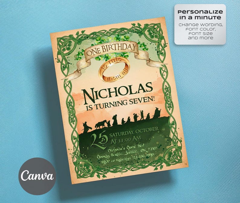 Lord of the Ring Birthday Invitation, Printable Shir Invite, Hobbit ...