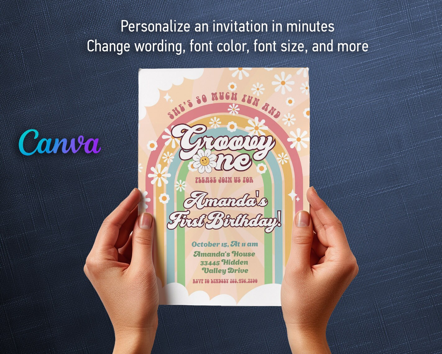 Printable Editable Groovy One Invitation, 1st Bday Invite, Daisy ...