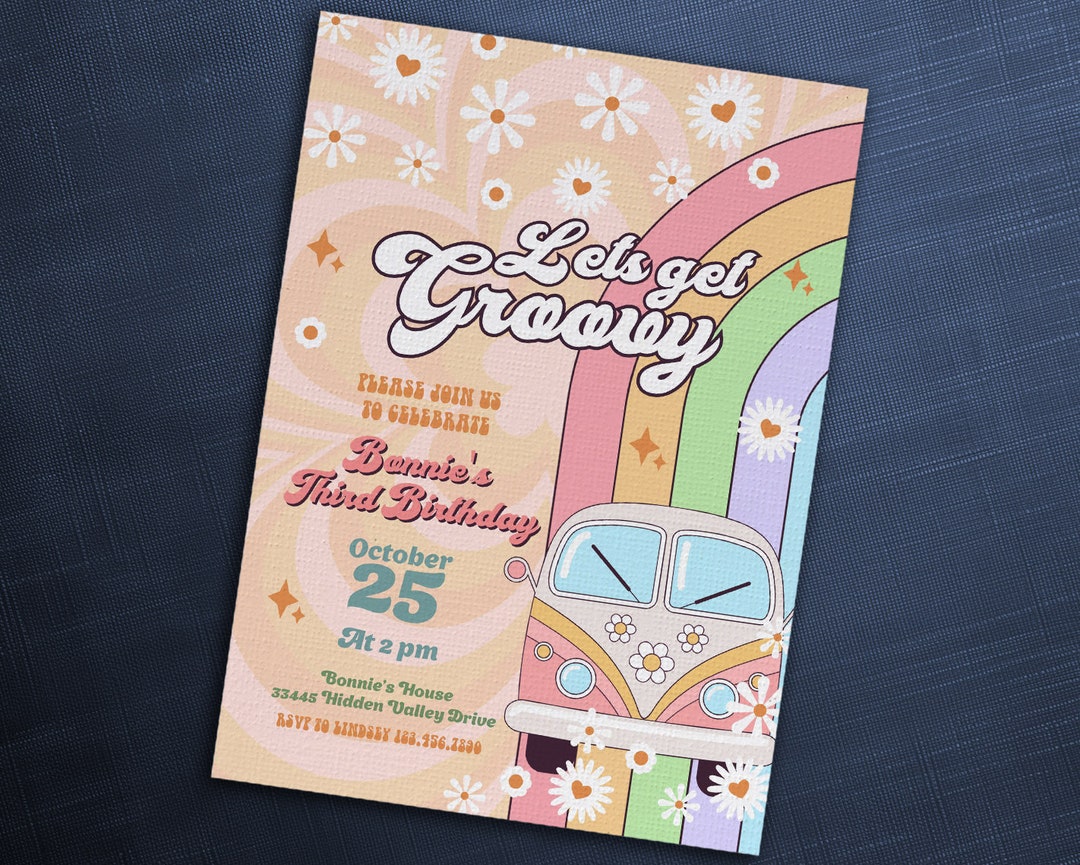 Printable Editable Groovy Invitation, Groovy Hippie Van 1st 2nd 3rd ...