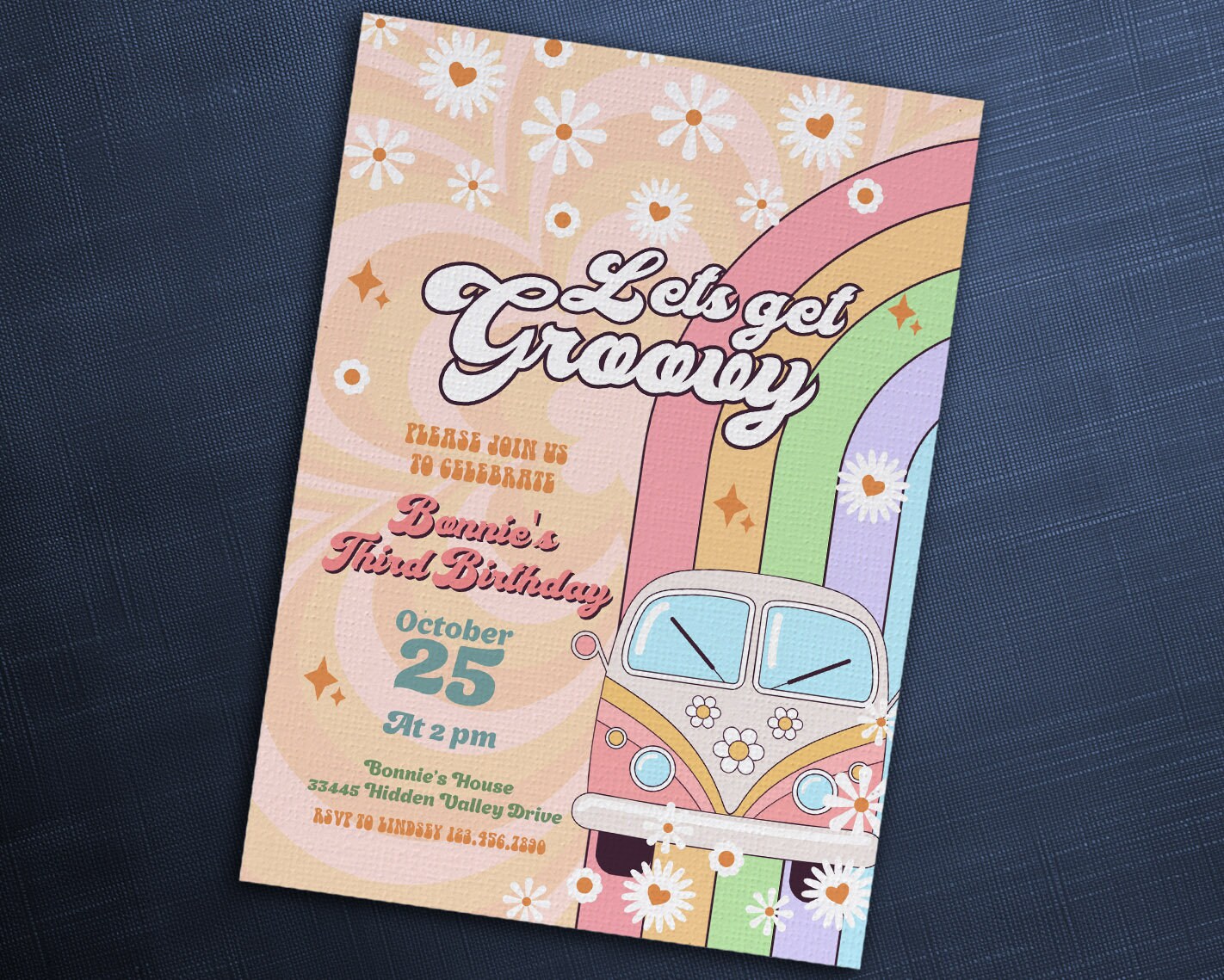 Printable Editable Groovy Invitation, Groovy Hippie Van 1st 2nd 3rd ...