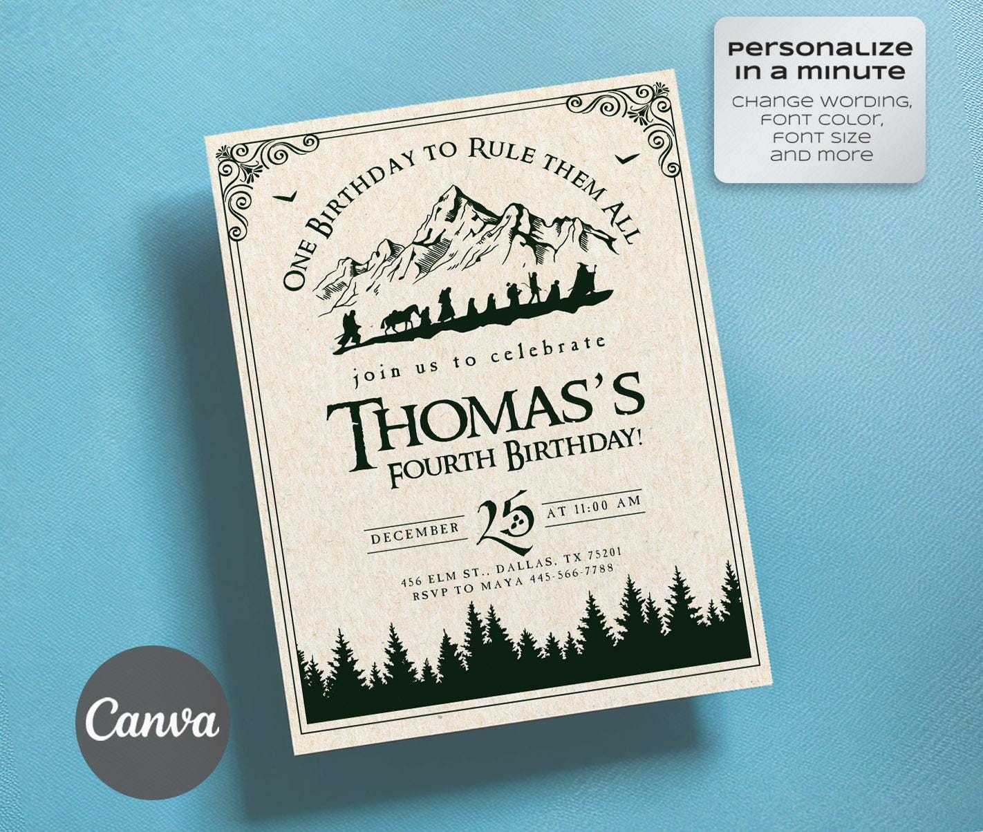 Lord of the Ring Birthday Invitation, Printable Shir Invite, Hobbit ...