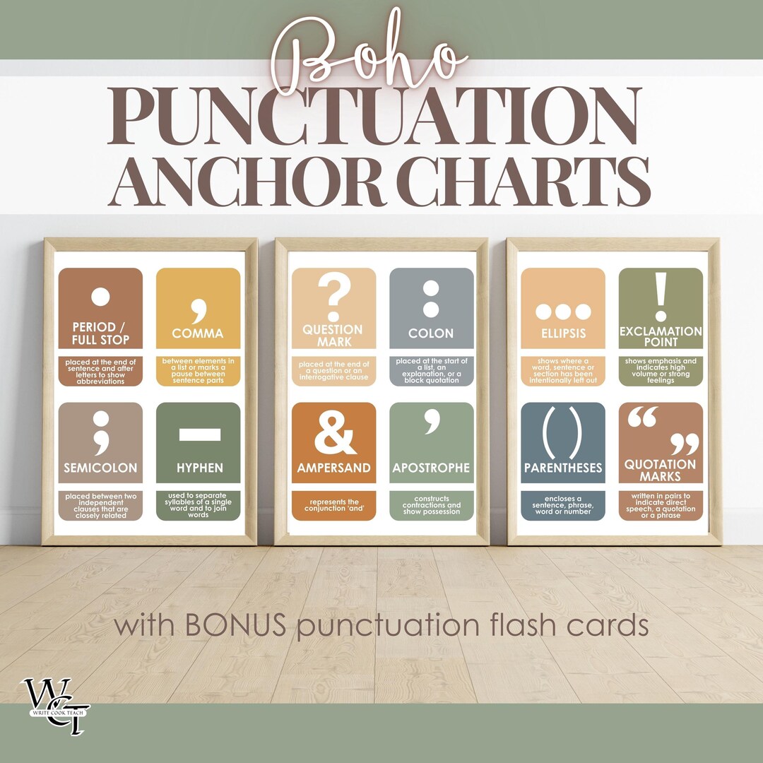 Boho Punctuation Anchor Charts With Bonus Punctuation Flash Cards With ...
